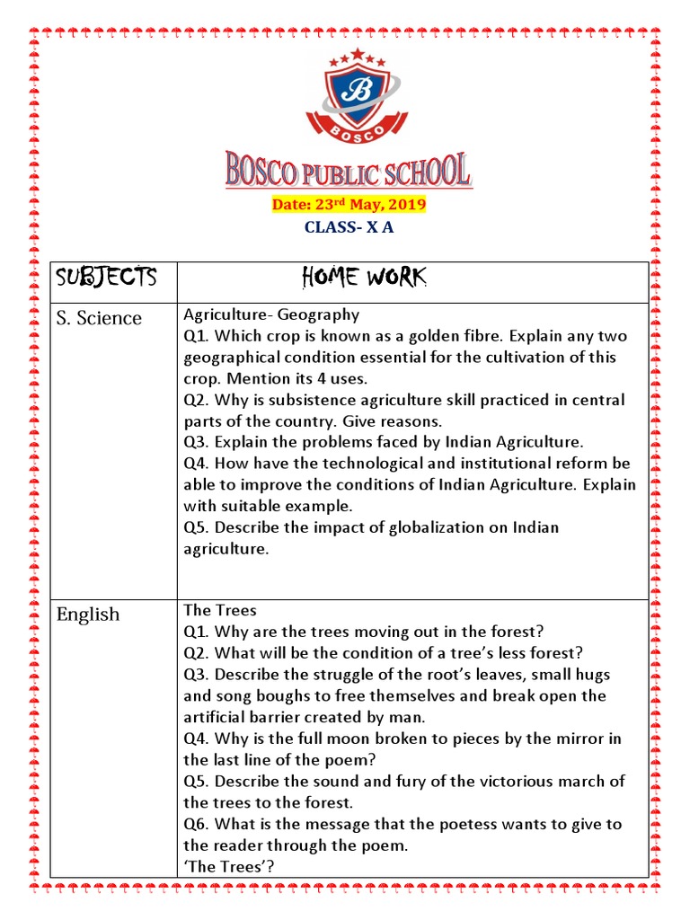 Subjects Home Work: Class-X A | PDF