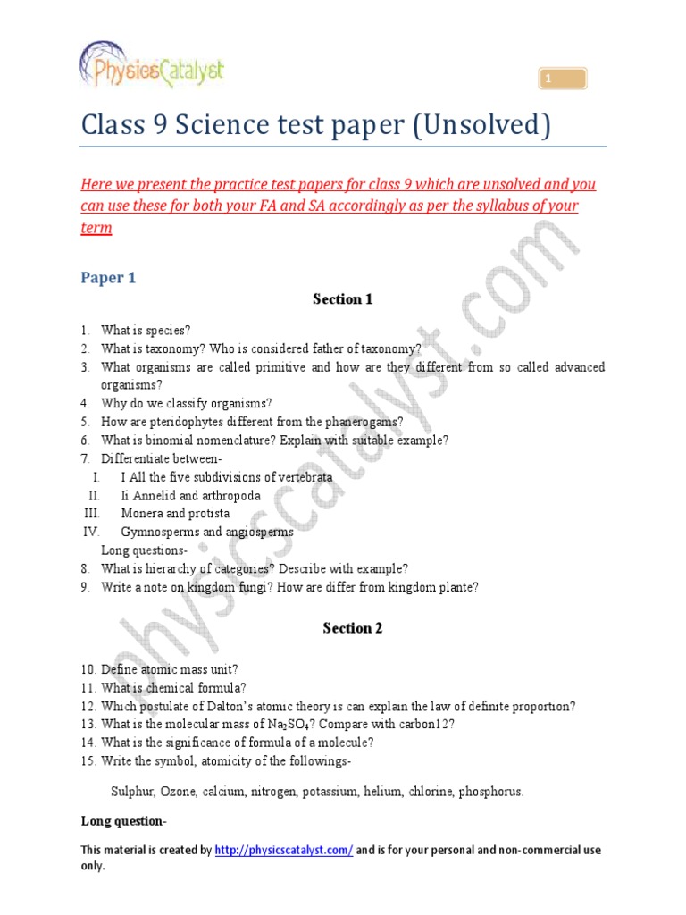 Class 9 Science Test Paper (Unsolved) | PDF | Taxonomy (Biology ...