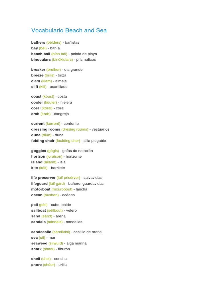 Vocabulario de Playa y Mar | PDF