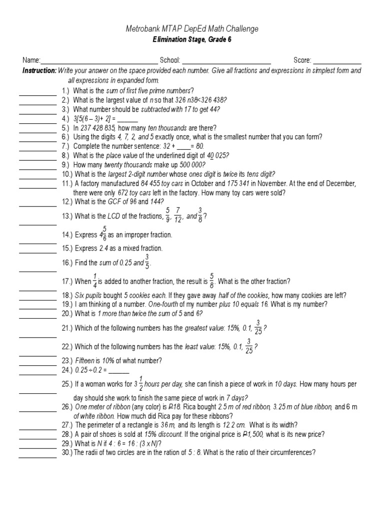 Metrobank MTAP DepEd Math Challenge Eliminatiion 2018 | PDF | Fraction (Mathematics) | Numbers