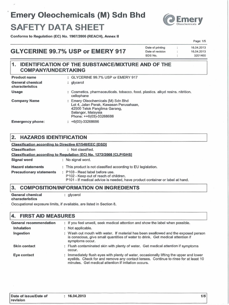 MSDS Glycerine Emery | PDF