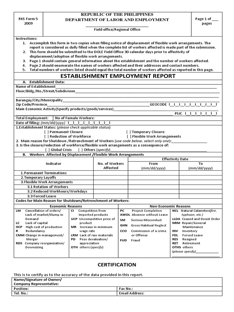 DOLE Establishment Report Form PDF | PDF