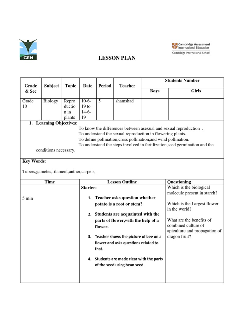 Grade 10 Science Lesson Plan 1 | PDF | Flowers | Pollination