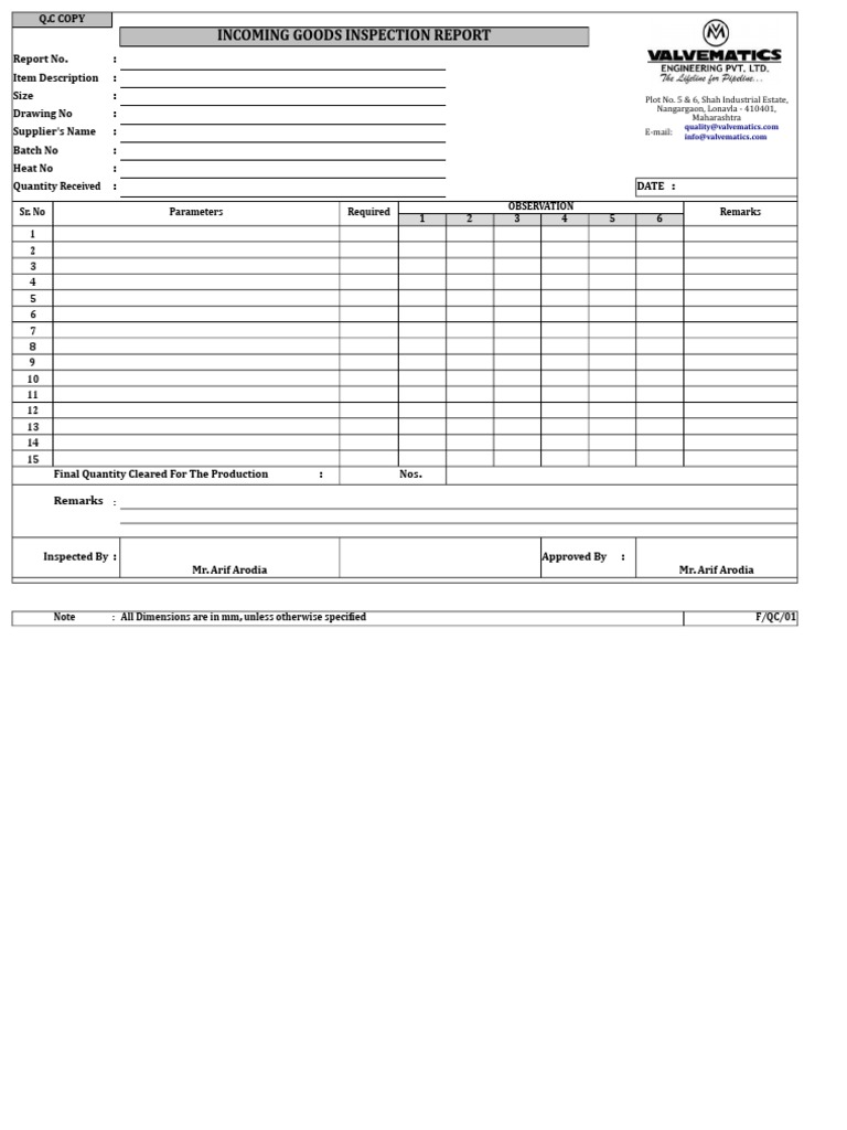 Raw Material Inspection Report | Business | Nature