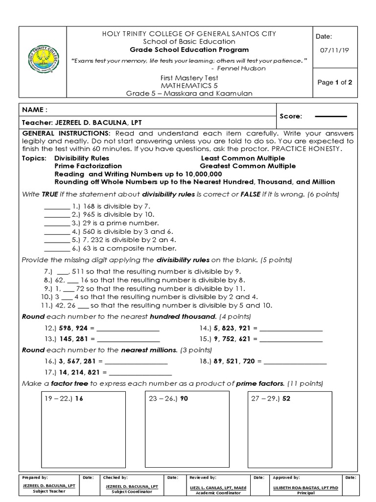 Mathematics 5 Exam Sample | PDF | Test (Assessment) | Learning