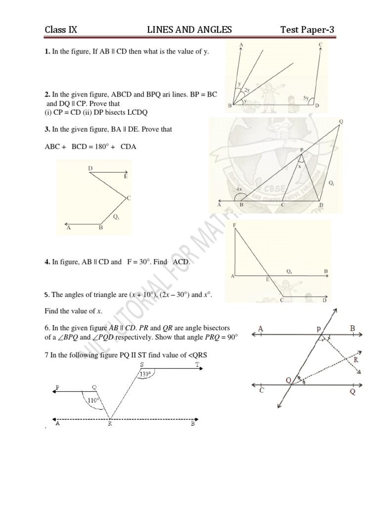 Class 9 Lines and Angles Test Paper | PDF | Teaching Methods ...