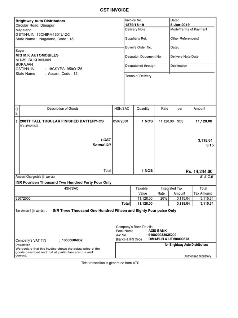 GST Invoice: Circular Road, Dimapur Nagaland GSTIN/UIN: 13CHIPM1831L1ZC State Name: Nagaland ...