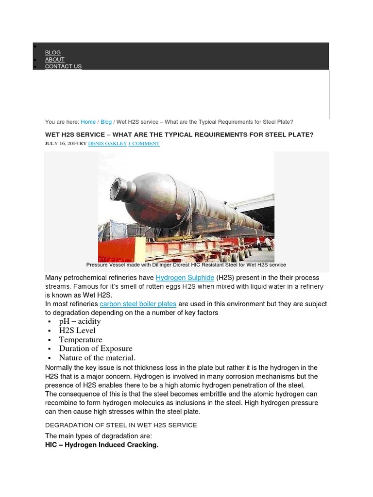 PH - Acidity H2S Level Temperature Duration of Exposure Nature of The ...