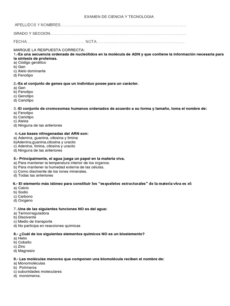Examen de Ciencia y Tecnologia | PDF | Biomoléculas | Gene