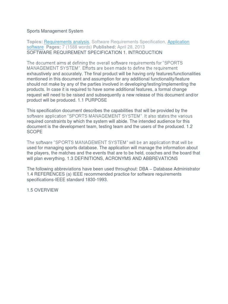 Sports Management System | PDF | Databases | Software