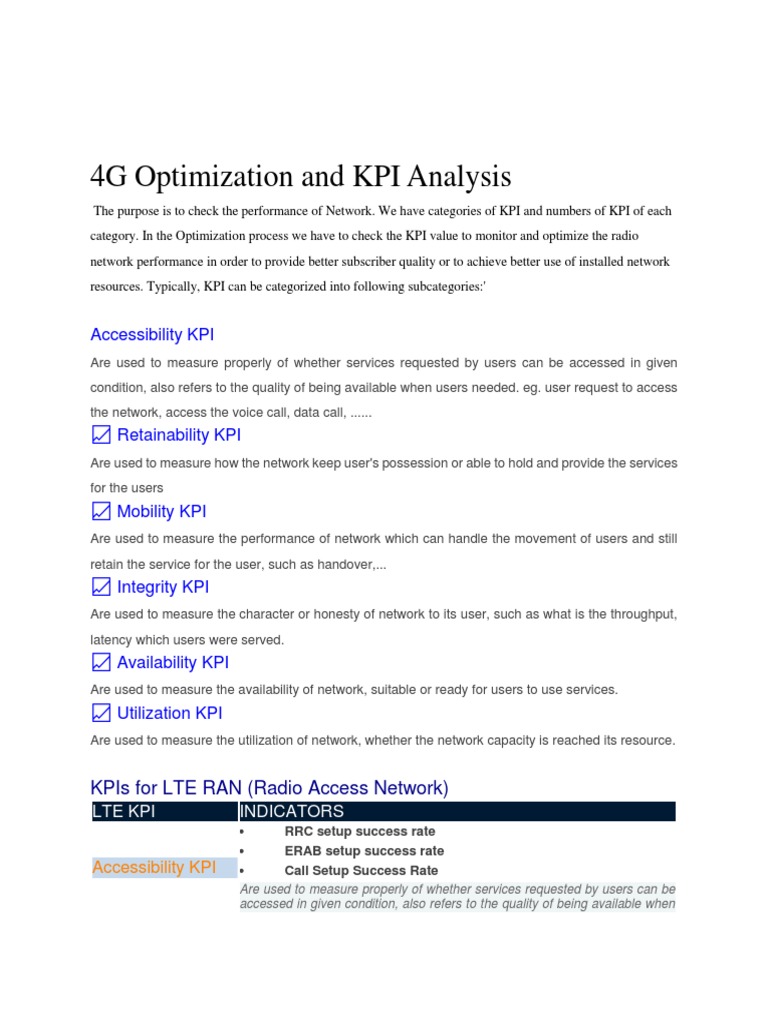 4G Optimization and KPI Analysis | PDF | Lte (Telecommunication ...