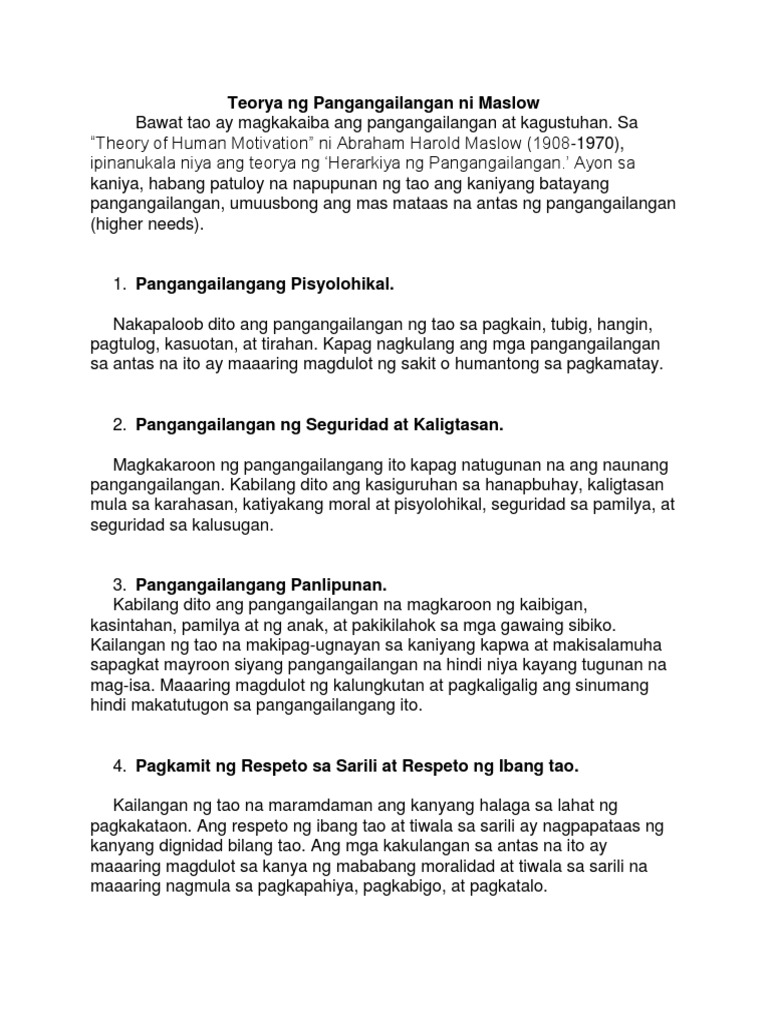 Teorya NG Pangangailangan Ni Maslow | PDF