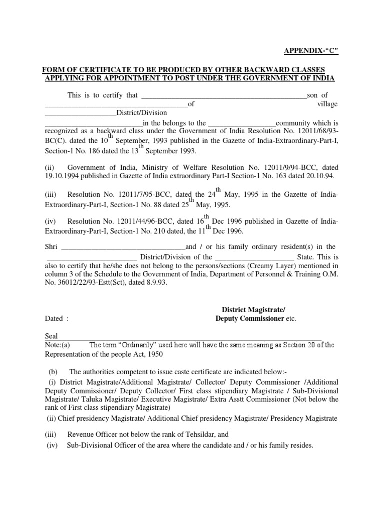 Appendix-"C" Form of Certificate To Be Produced by Other Backward ...