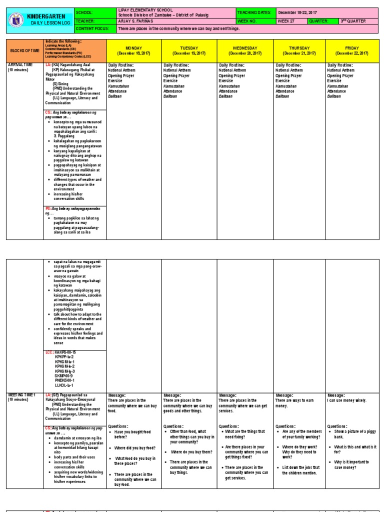 KINDERGARTEN - Sample DLL Week 27 Asf | PDF | Vocabulary | Learning