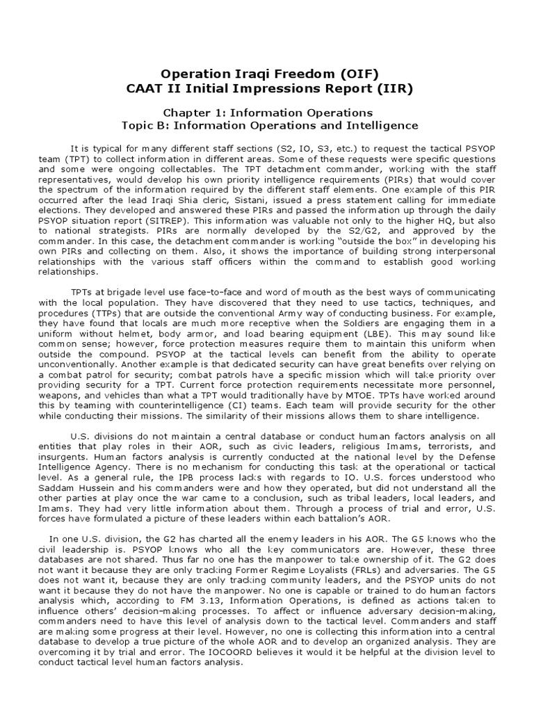 Operation Iraqi Freedom (OIF) CAAT II Initial Impressions Report (IIR ...