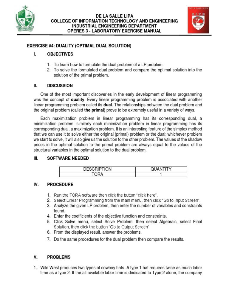 Operes3 Lab Duality Theory Pdf Linear Programming Mathematical Optimization 2329