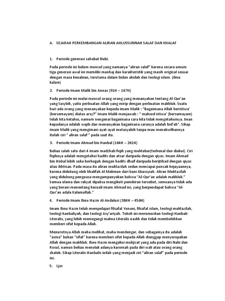 Sejarah Perkembangan Aliran Ahlussunnah Salaf Dan Khalaf | PDF