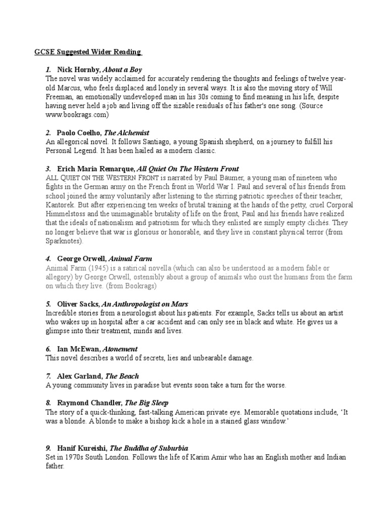 GCSE Suggested Wider Reading: LL Uiet ON THE Estern Ront | PDF | Novels