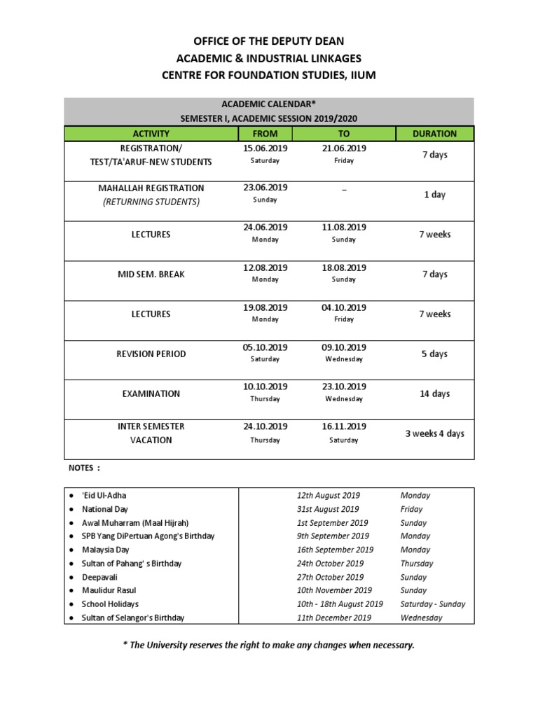 IIUM CFS Academic Calendar 2019/2020 | PDF | Academic Term | Academia