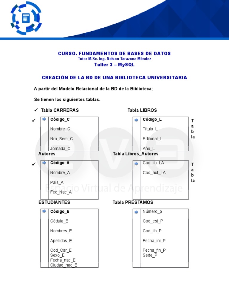Taller 3 Mysql Biblioteca 2018 1 | PDF | Tabla (base de datos) | Base ...