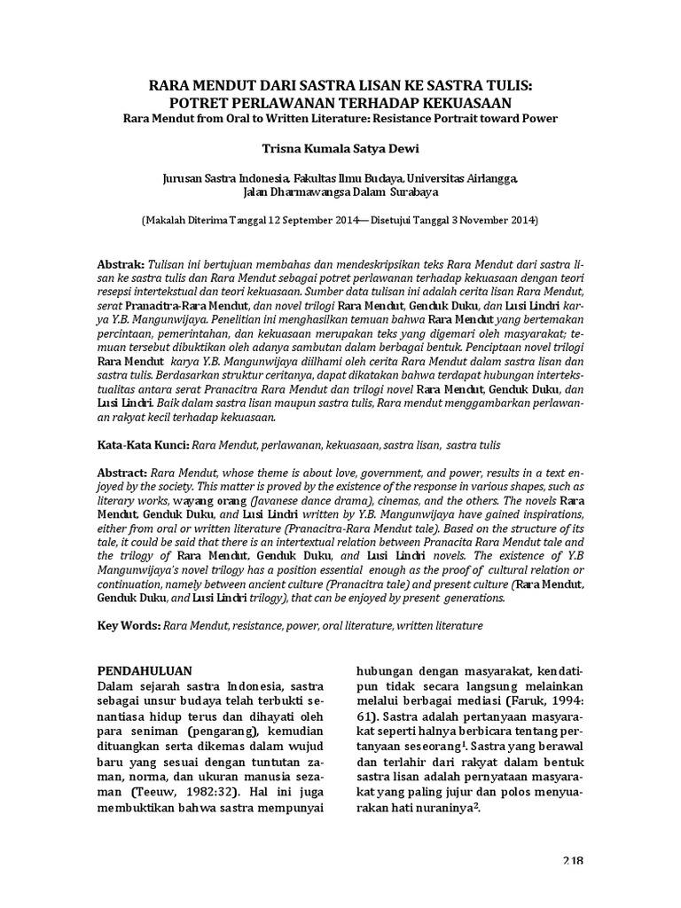 Rara Mendut Dari Sastra Lisan Ke Sastra Tulis Potr | PDF