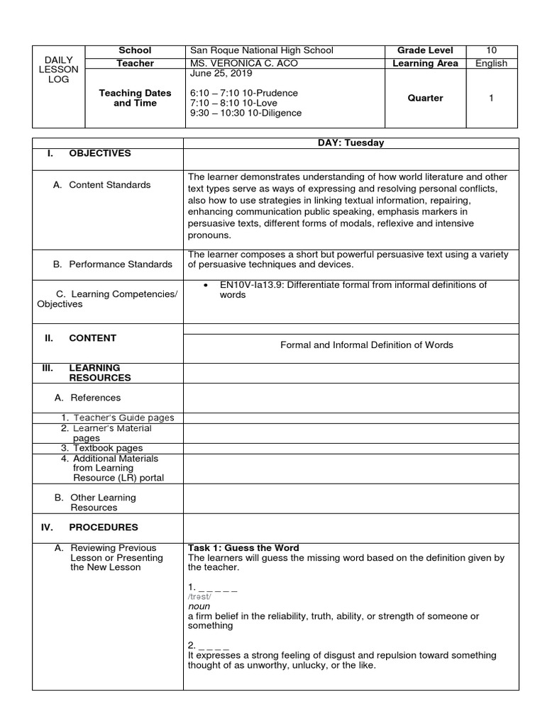 Formal and Informal Definition of Words Lesson Plan | PDF | Definition ...
