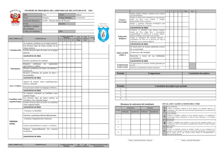 Boleta de Notas de Primaria 2019 | PDF | Segundo lenguaje | Educación ...