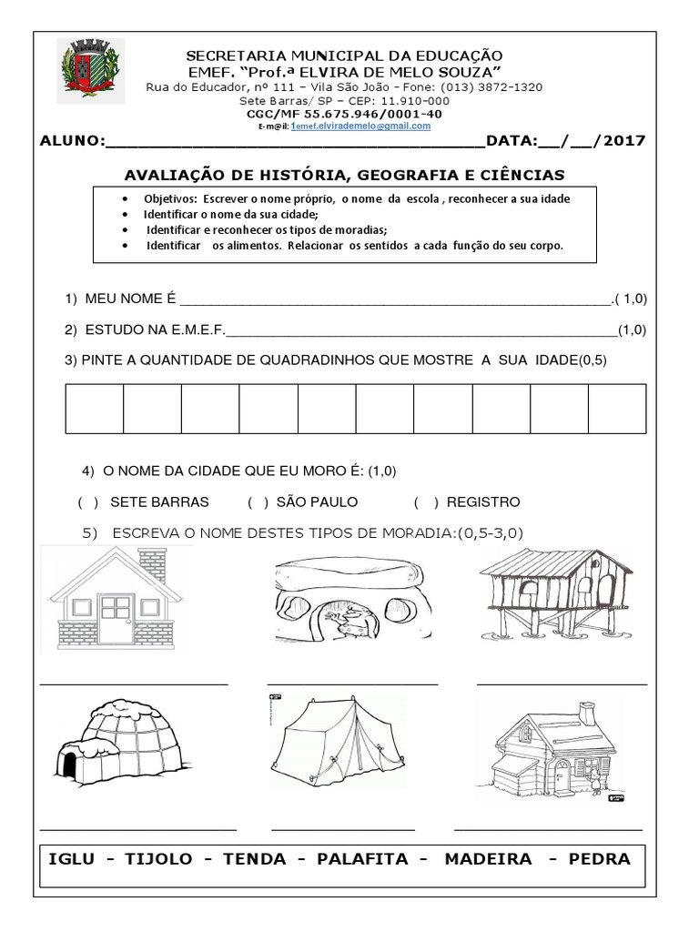 Avaliação de História e Geografia 1º e 2º Ano | PDF | Aprendizado | Escolas