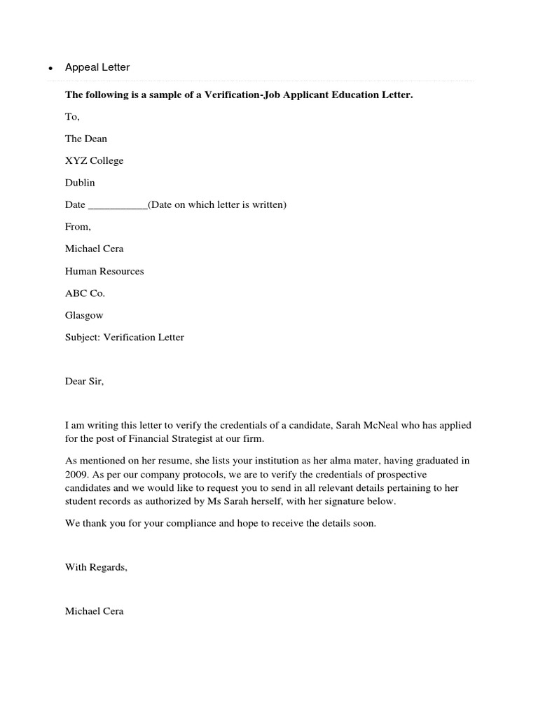 The Following Is A Sample of A Verification-Job Applicant Education ...