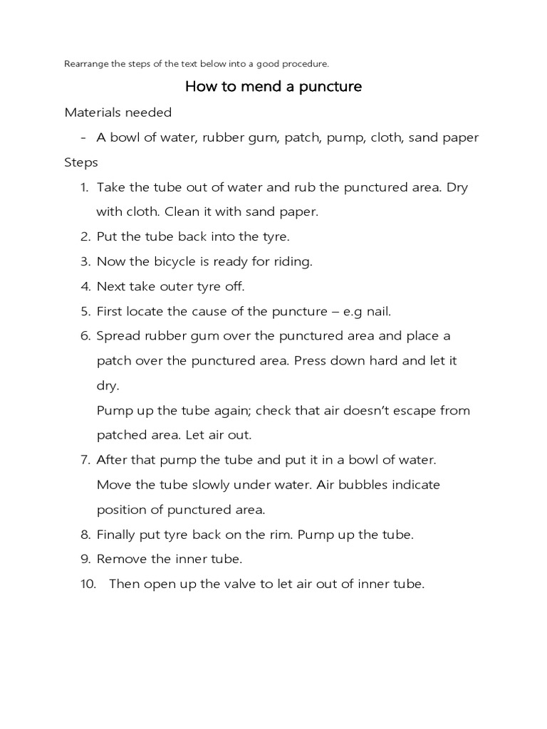 How To Mend A Puncture: Rearrange The Steps of The Text Below Into A ...