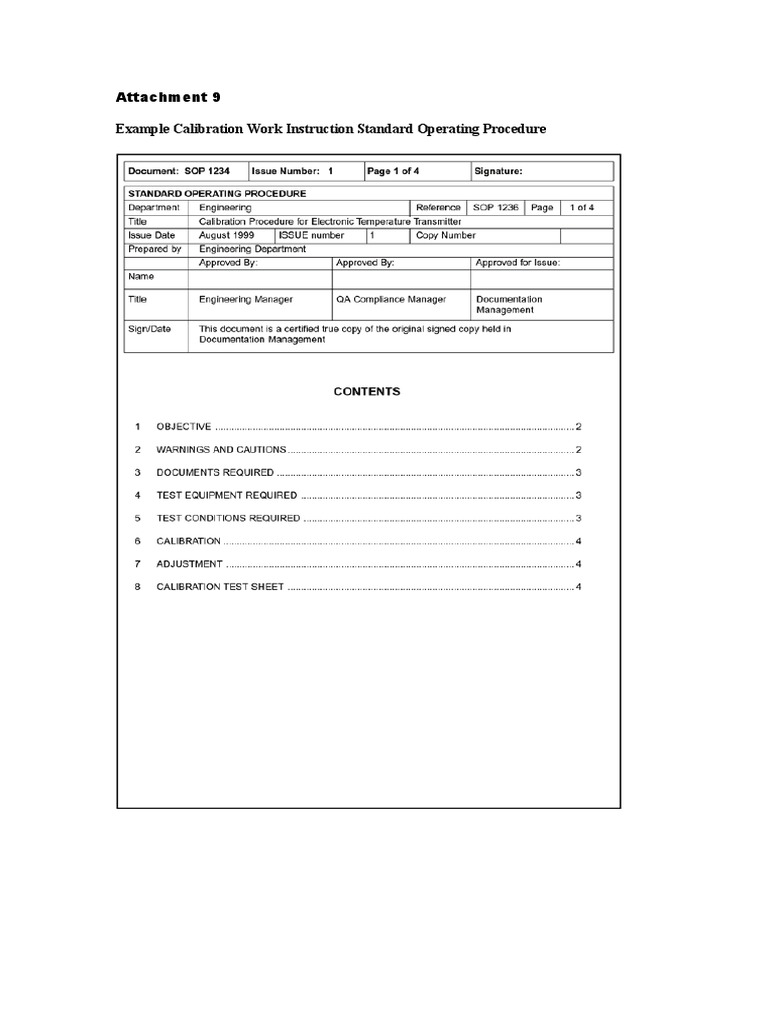Attachment 9 Example Calibration Work Instruction Standard Operating ...
