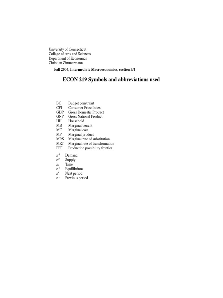 ECON 219 Symbols and Abbreviations Used: Fall 2004, Intermediate ...