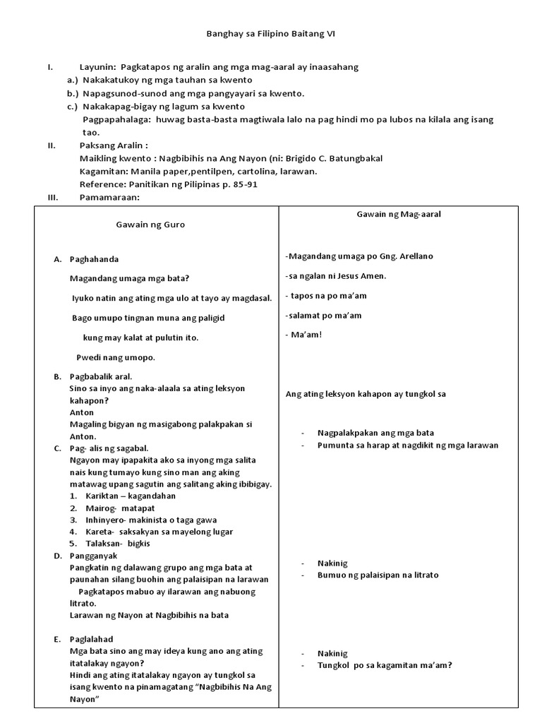 Banghay Sa Filipino Baitang VI | PDF