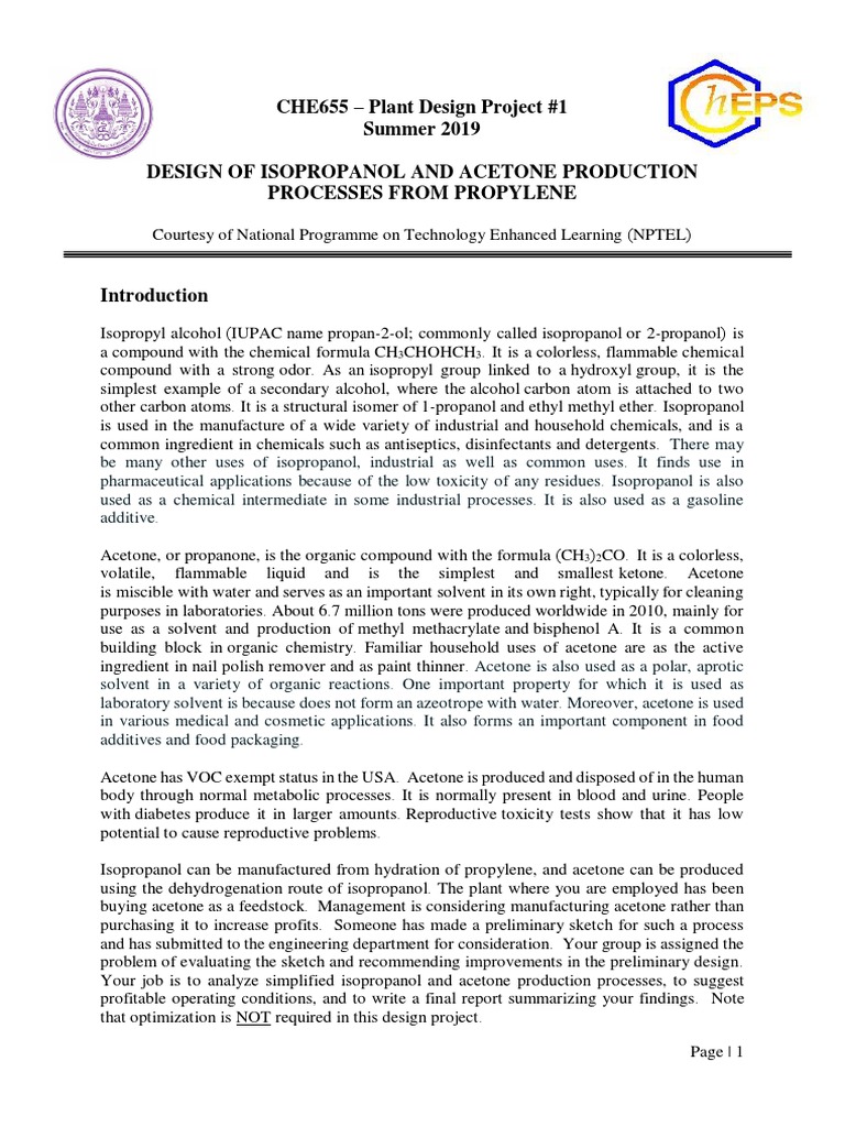 Project 1 - Isopropanol and Acetone From Propylene PDF | PDF ...