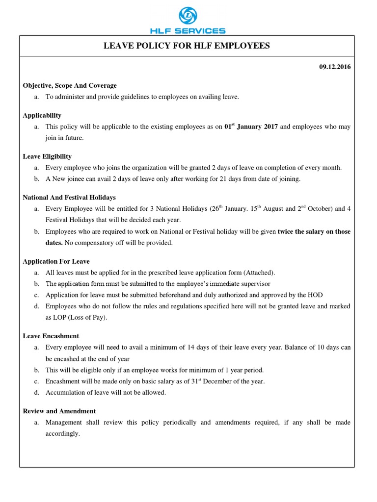HLF Employee Leave Policy Guidelines | PDF