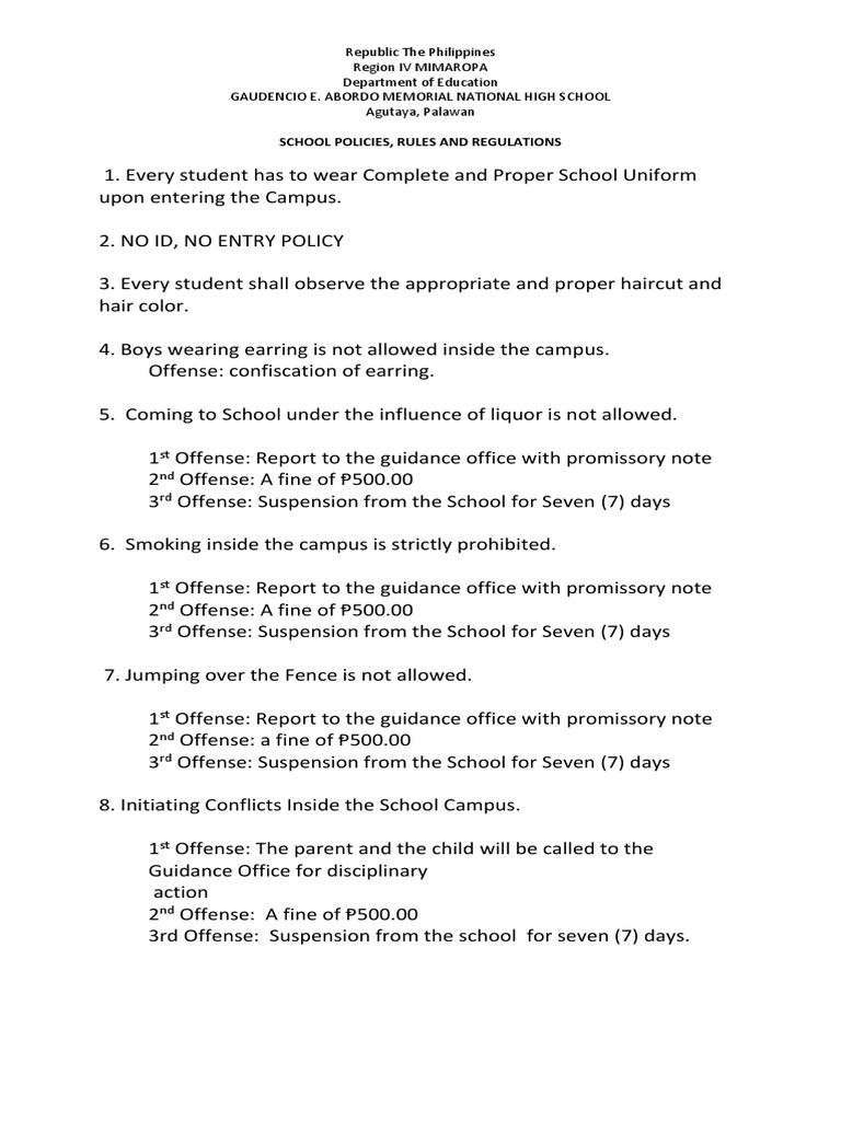 School Policies, Rules and Regulations | PDF | Violence