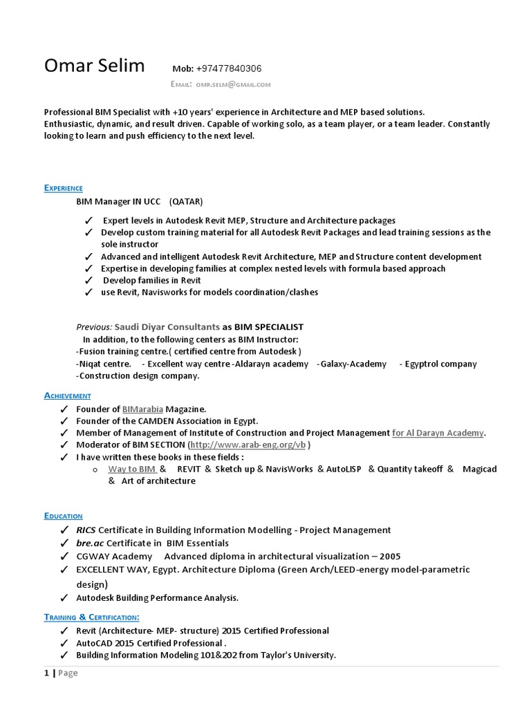 Omar Selim CV Bim PDF | PDF | Autodesk Revit | Building Information ...