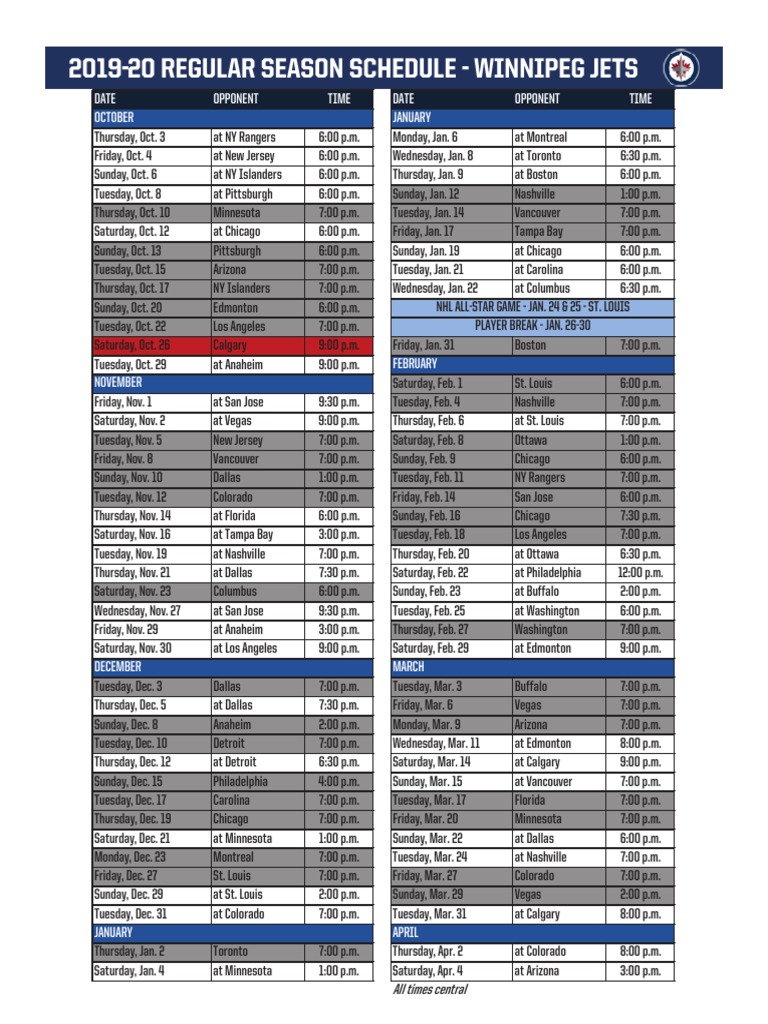 Winnipeg Jets Schedule 2019-20 | PDF | Sports Teams | Professional ...