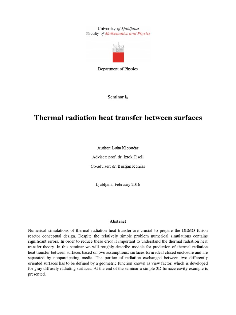 Thermal Radiation Heat Transfer Between Surfaces Luka Klobucar | PDF ...
