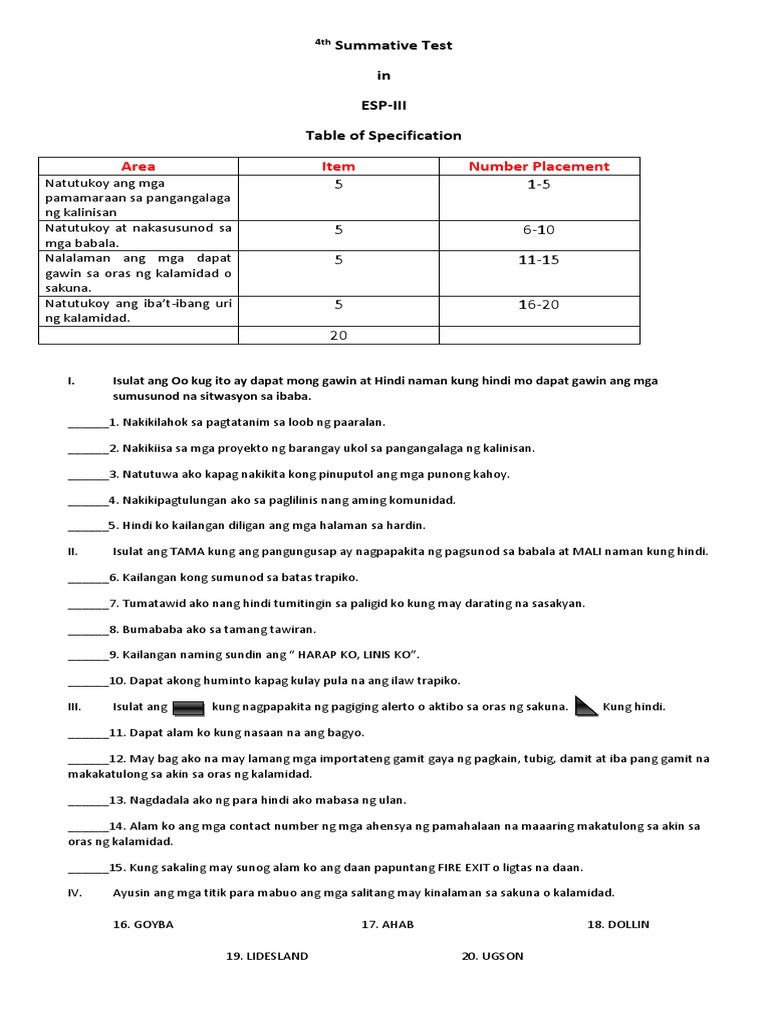 5th Summative Test in ESP-III (3rd Quarter) | PDF