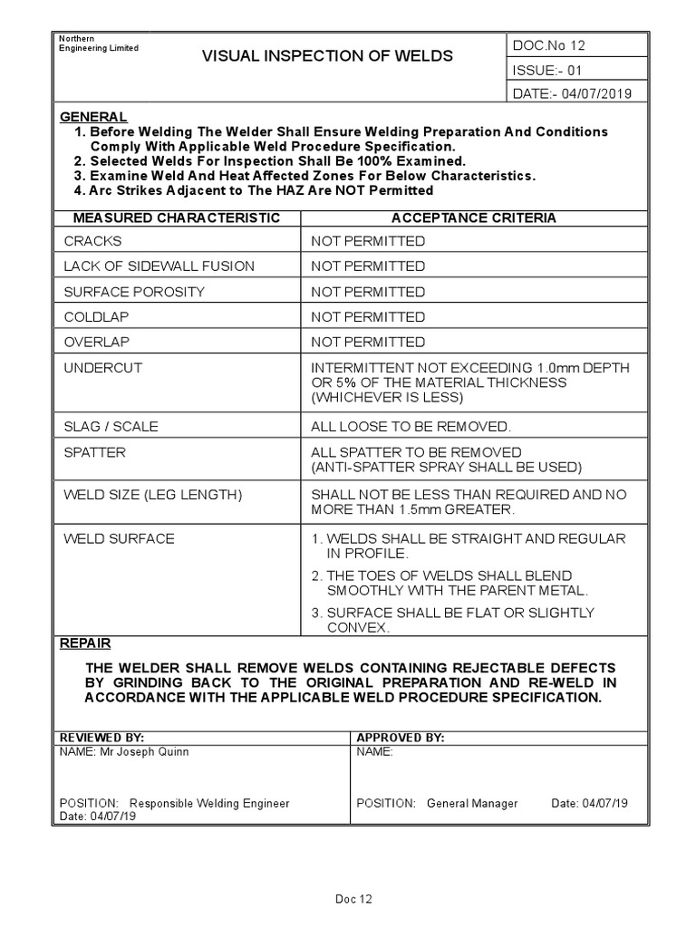 Visual Inspection Requirements for Welds | PDF