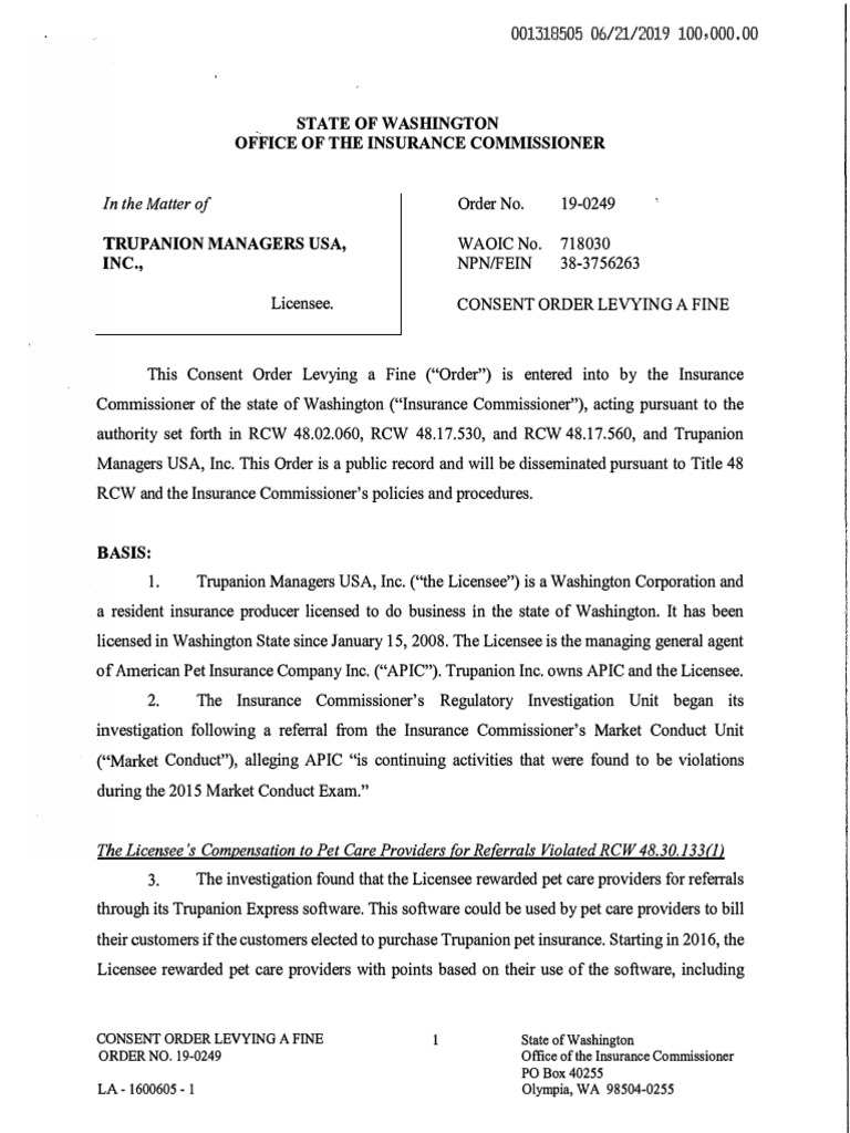Trupanion Consent Order With WA OIC | PDF | Insurance Broker | License