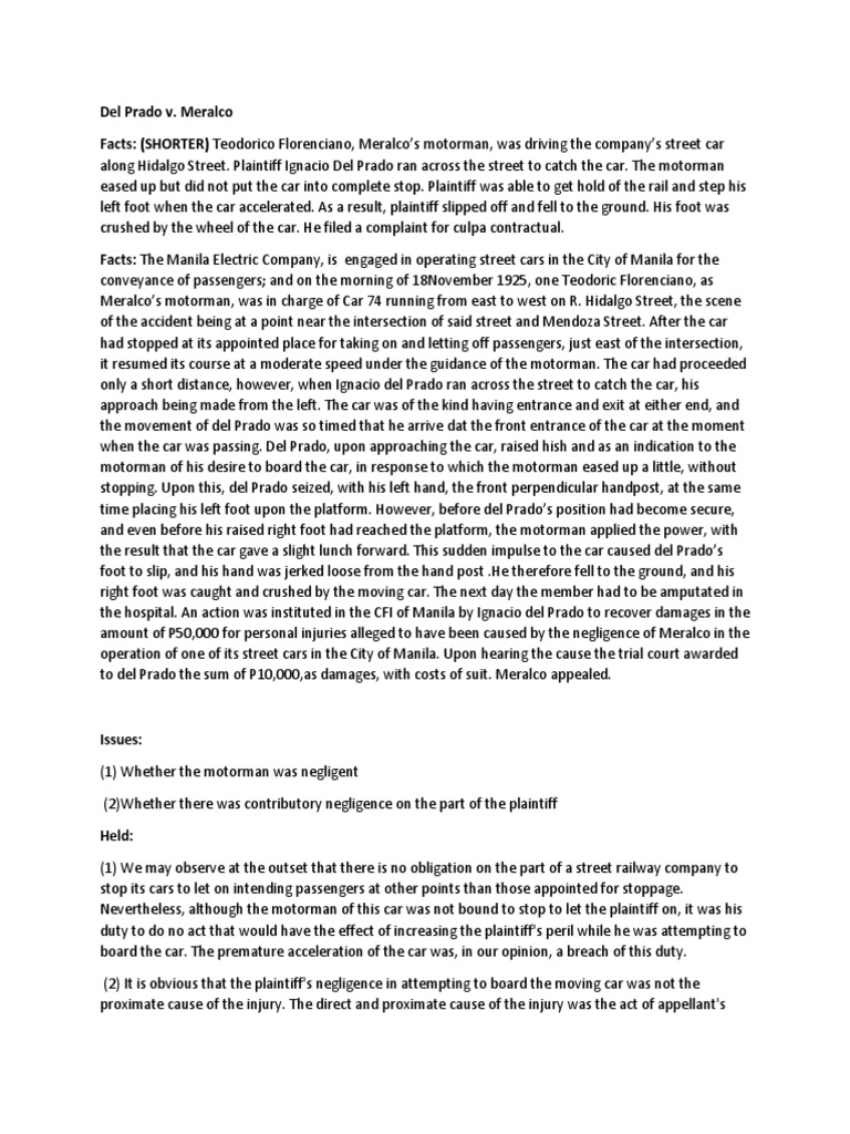 Del Prado v. Meralco Facts: (SHORTER) Teodorico Florenciano, Meralco's ...