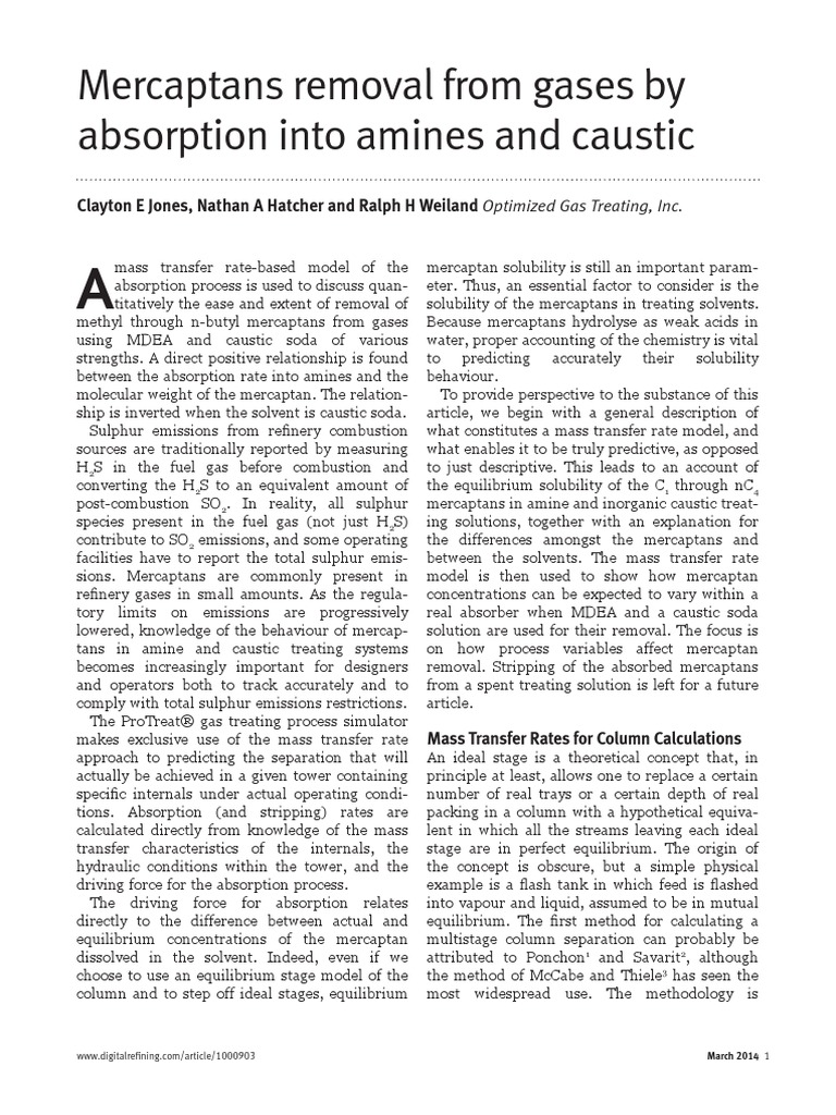 Mercaptans Removal From Gases by Absorption Into Amines and Caustic ...