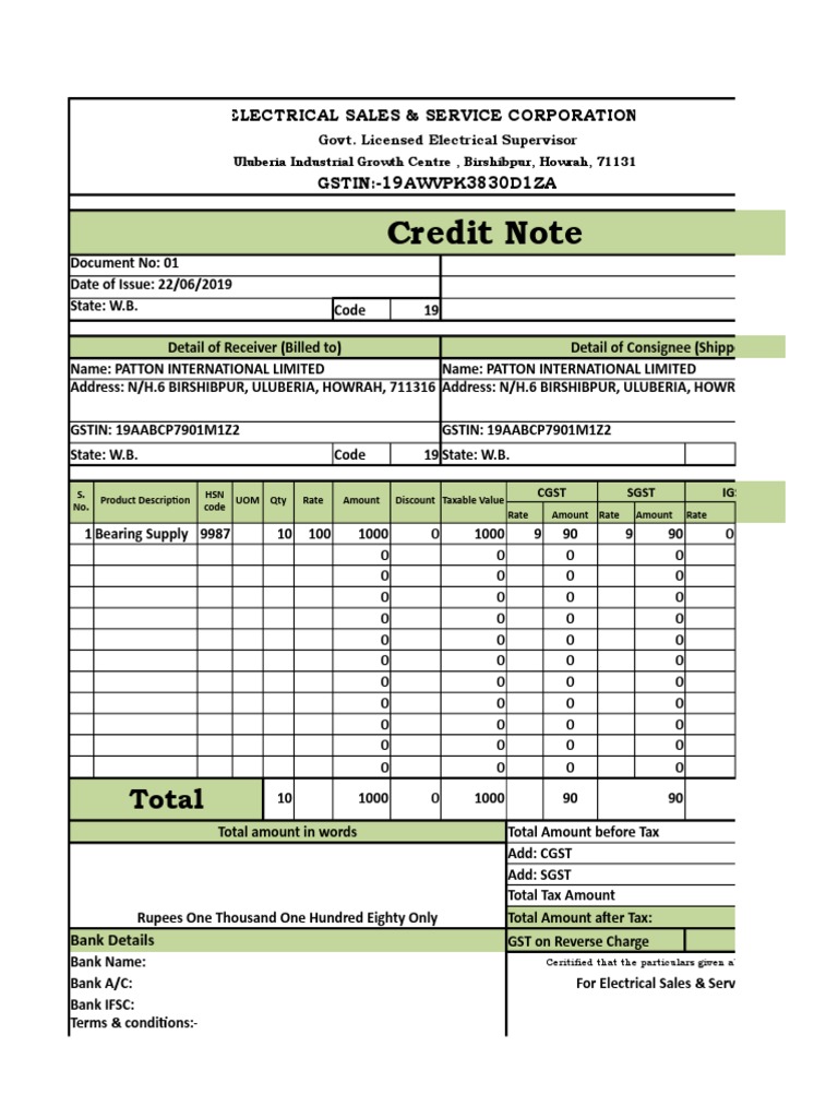 Credit Note Template Excel
