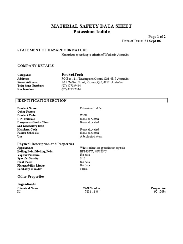 Msds Potassium Iodide | PDF | Personal Protective Equipment | Toxicity