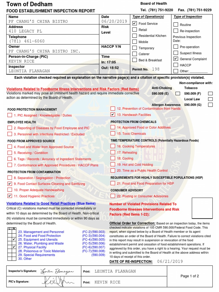 PF Chang's Health Inspection 6-21-19 | PDF | Hand Washing | Foods