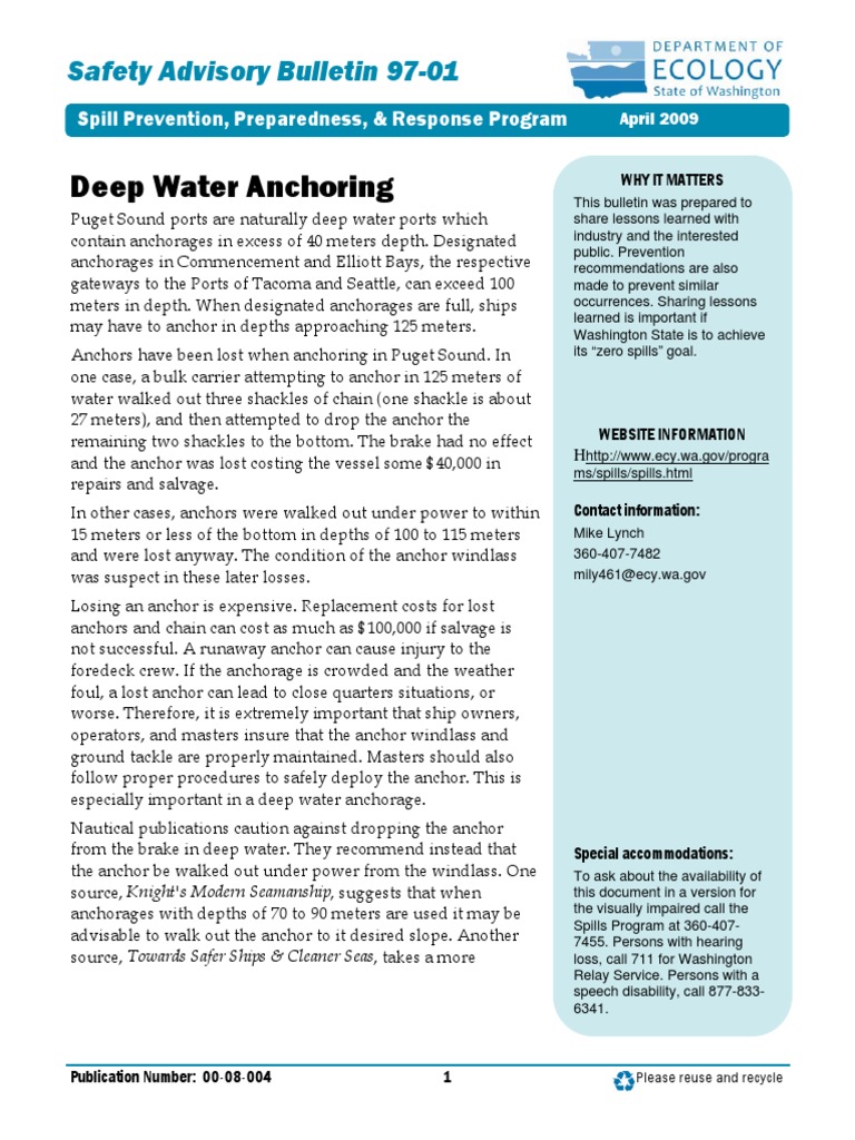 Deep Water Anchoring: Safety Advisory Bulletin 97-01 | PDF | Anchor | Ships