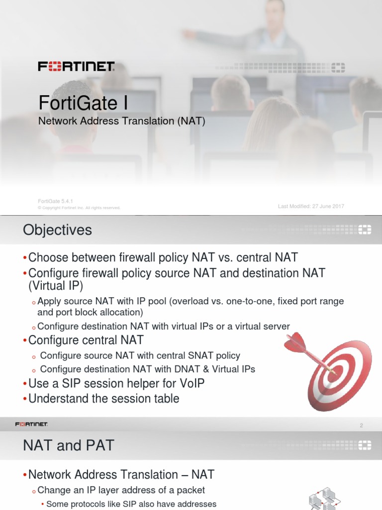 FortiGate I 04 NAT | PDF | Cortafuegos (informática) | Dirección IP