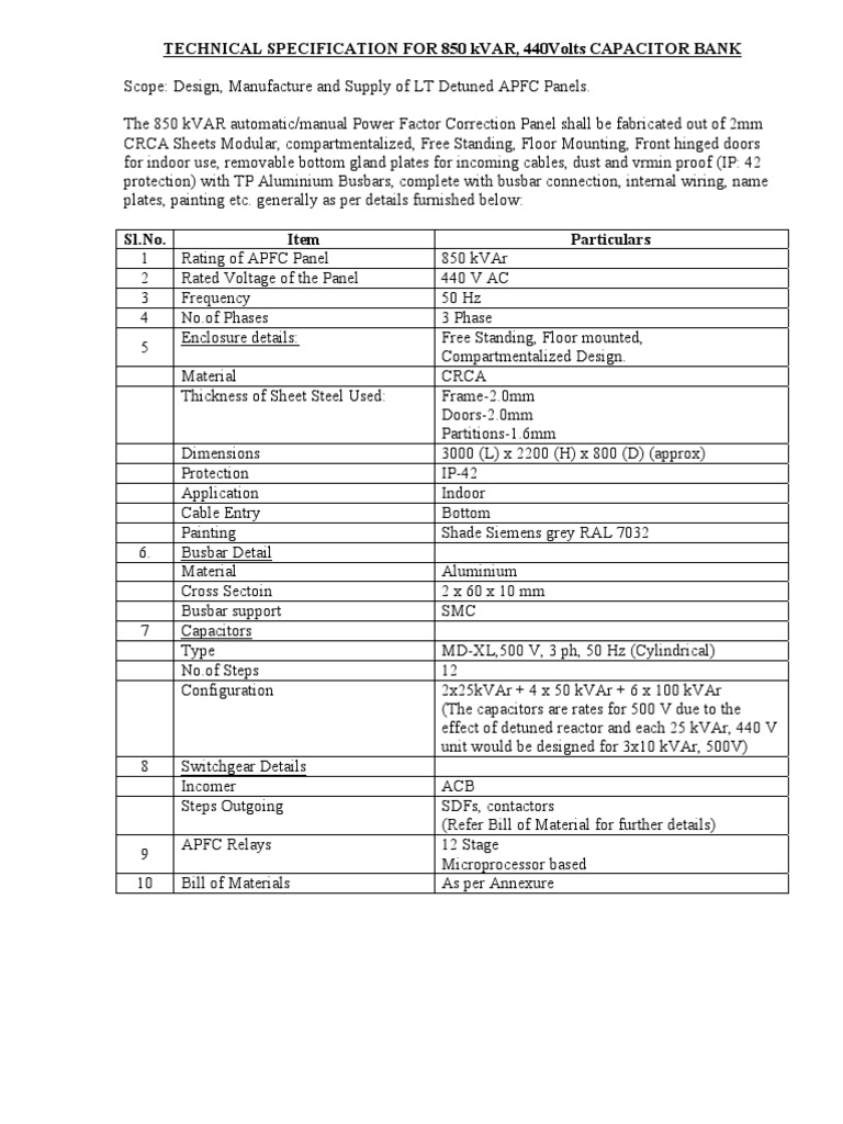 850 kVAR Capacitor Bank Specification | PDF | Capacitor | Insulator ...